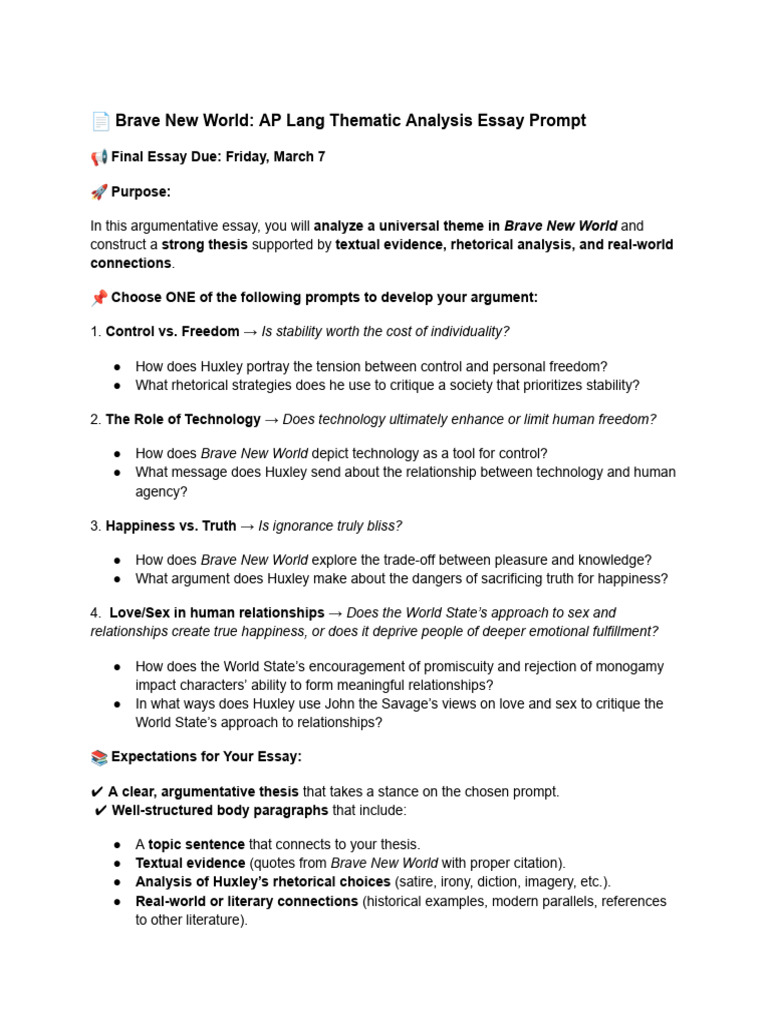 ? Brave New World - AP Lang Thematic Analysis Essay Prompt | PDF ...