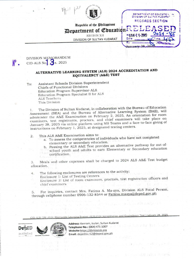 DIVISION MEMORANDUM CID-ALS No. 13, s.2025 | PDF