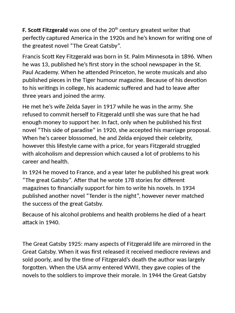 F. Scott Fitzgerald: The Great Gatsby Insights | PDF | The Great Gatsby ...