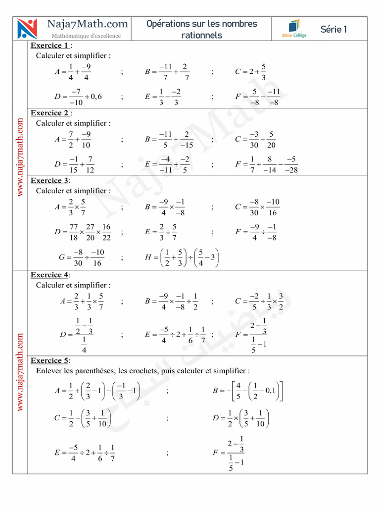 [naja7mat] Opérations sur les nombres rationnels-Serie d'exercices n° 1 ...