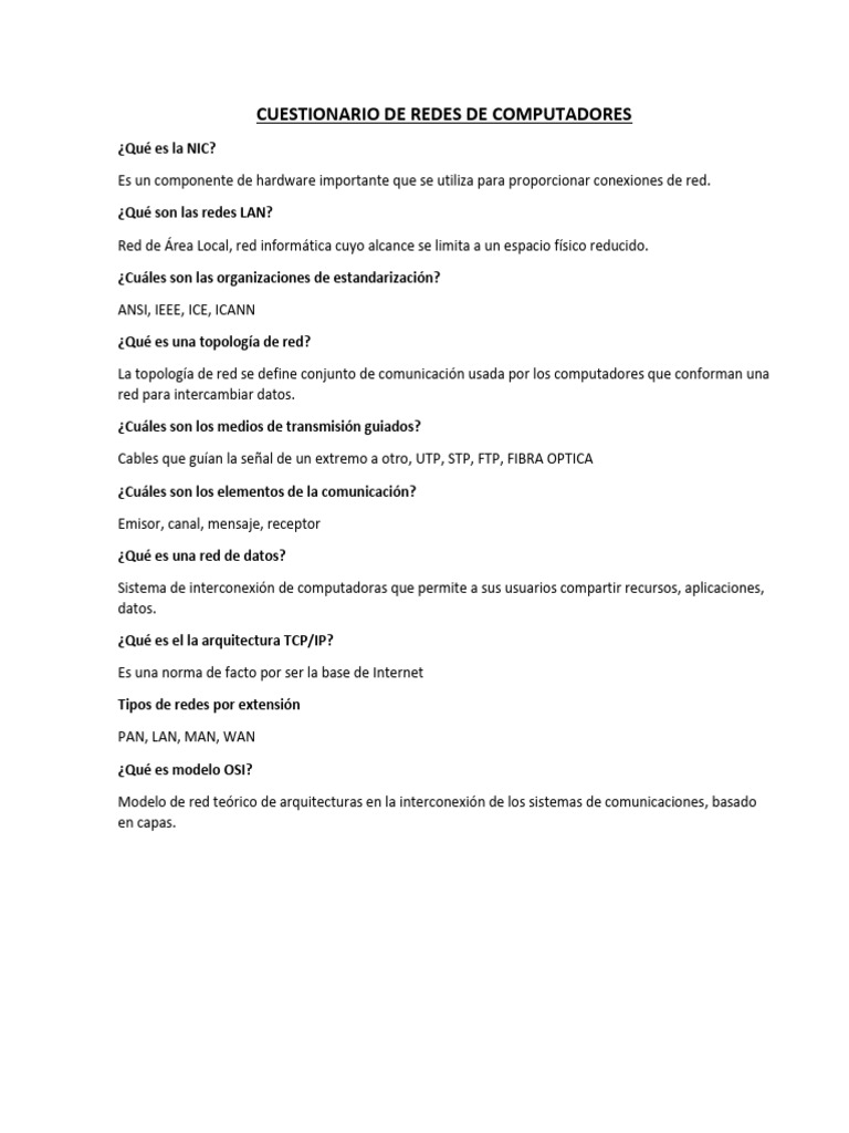 Cuestionario de Redes de Computadores | PDF