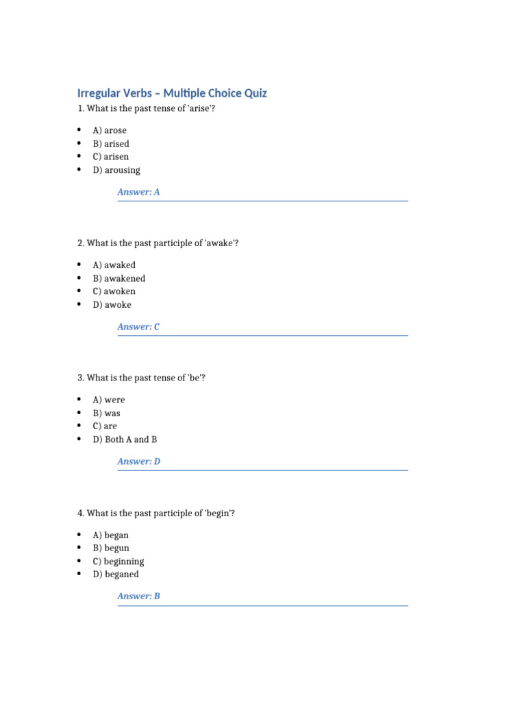 Irregular Verbs MCQ Quiz | PDF | Language Mechanics | Languages