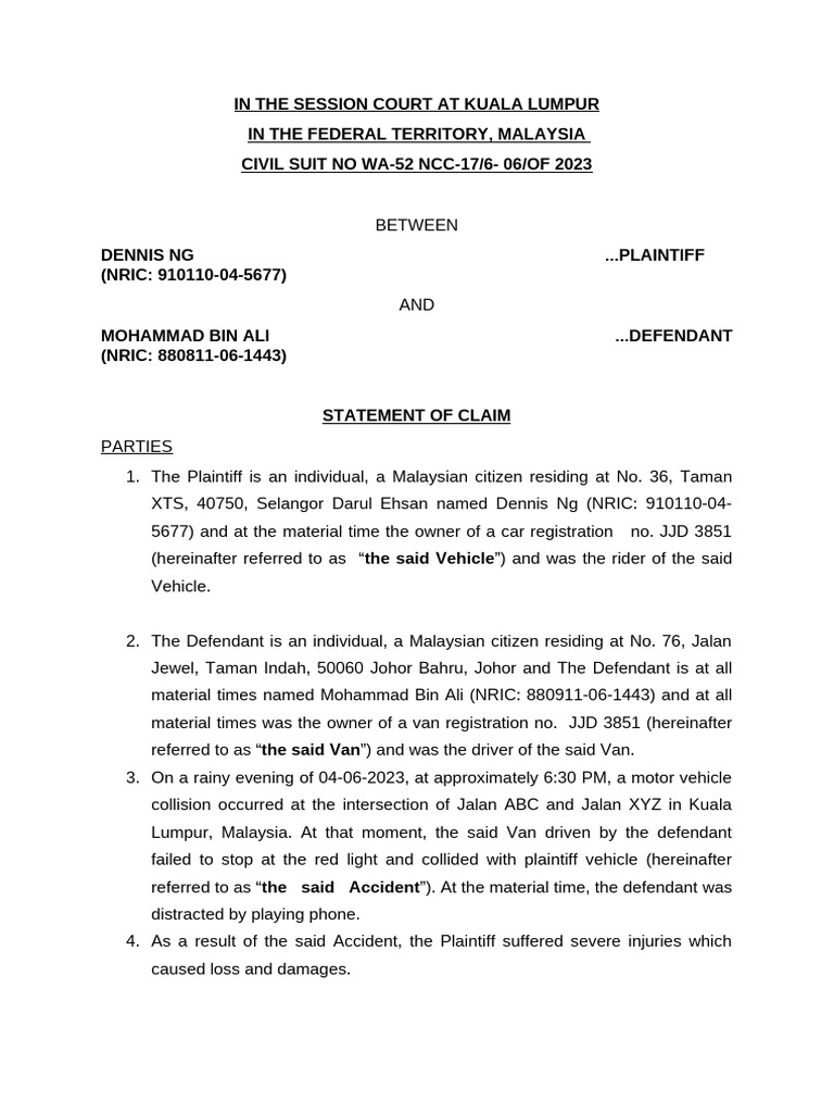 Statement of Claim (Accident) 01 | PDF | Negligence | Traffic Collision