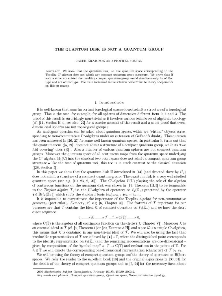 The Quantum Disk Is Not A Quantum Group | PDF | Lie Algebra | Hilbert Space