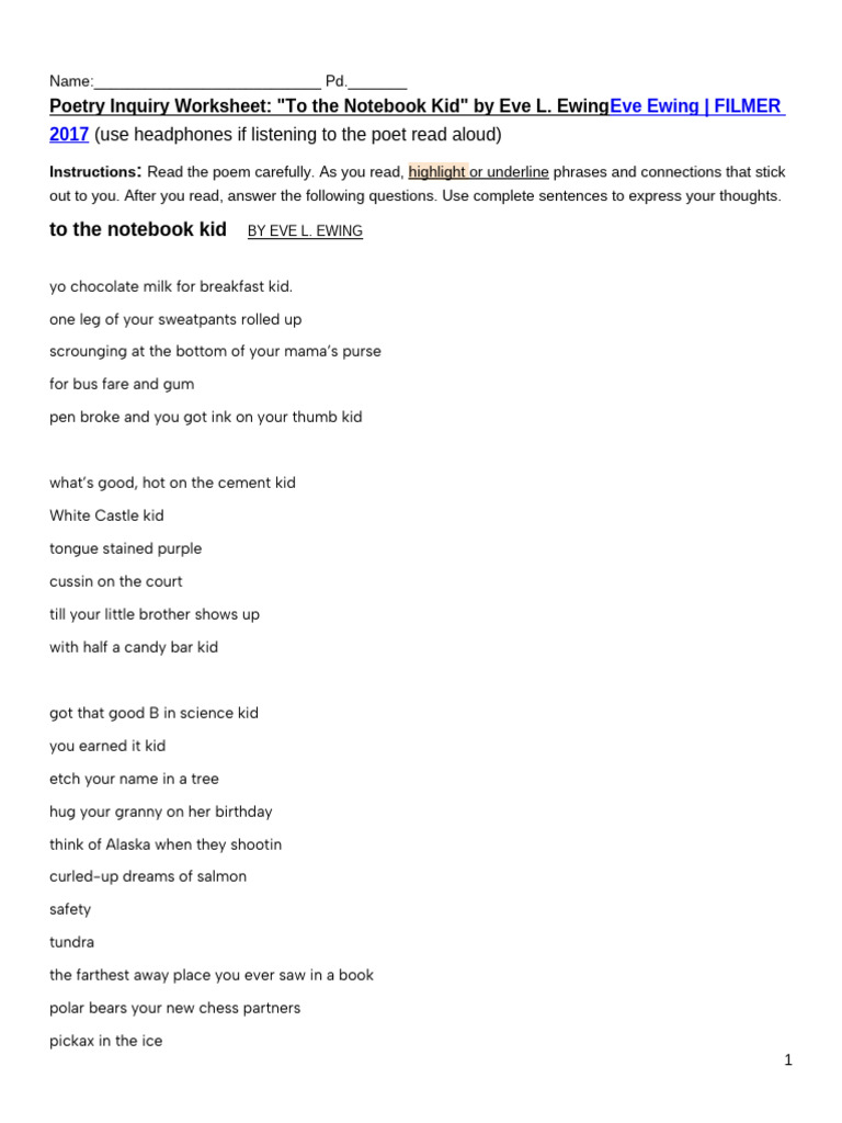 Poetry Inquiry Worksheet - To The Notebook Kid - by Eve L - OWNSHEET ...