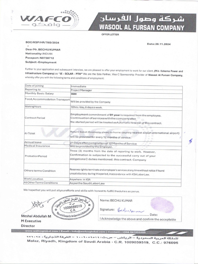 Bechu Kumar Signed Offer Letter | PDF