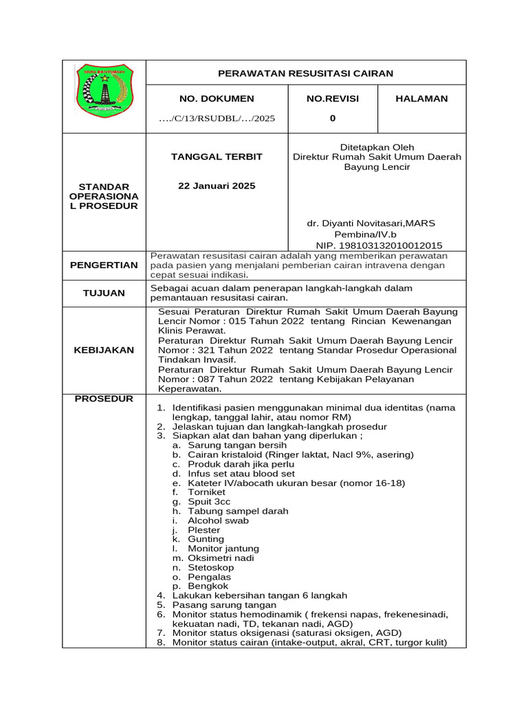 Sop Perawatan Resusitasi Cairan | PDF