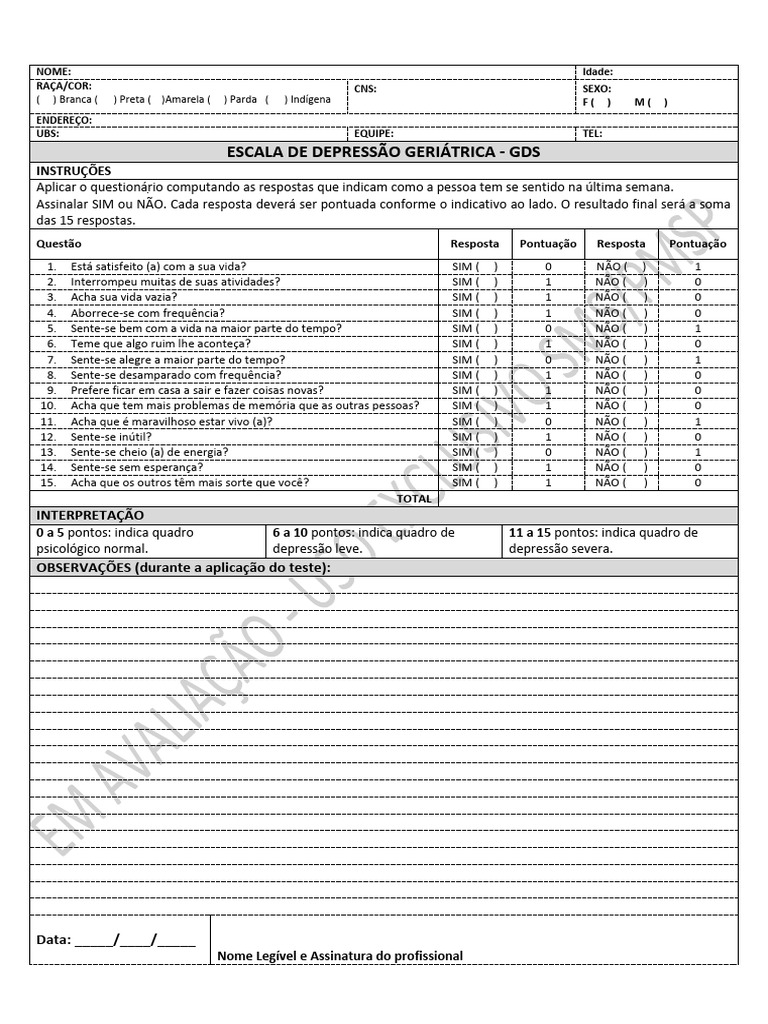 Escala de Depressaao - Geriátrica | PDF | Depressão | Neuropsicologia
