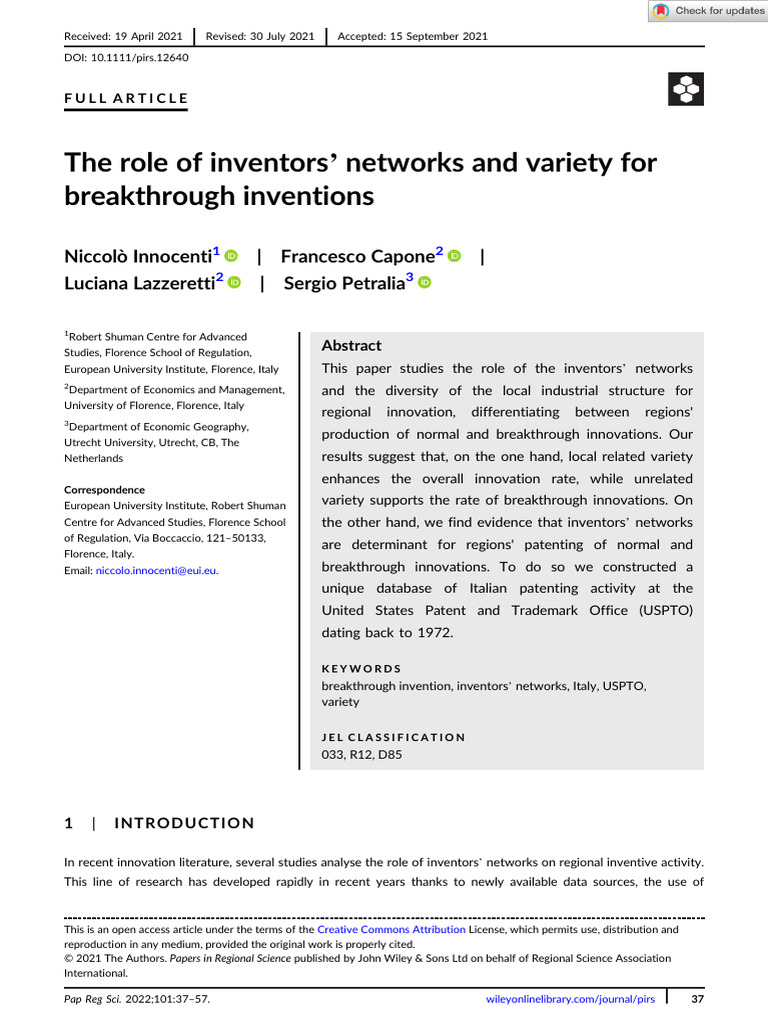 Papers in Regional Science - 2021 - Innocenti - The role of inventors ...