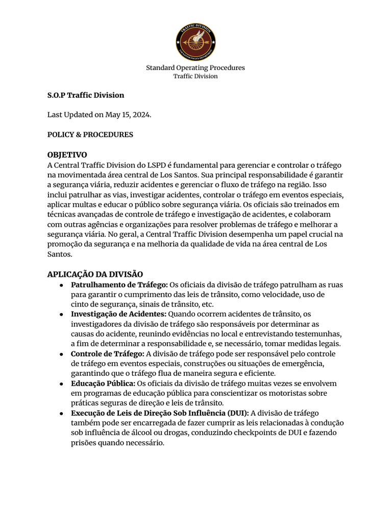 SOP - Traffic Division | PDF | Tráfego | Acidentes de trânsito