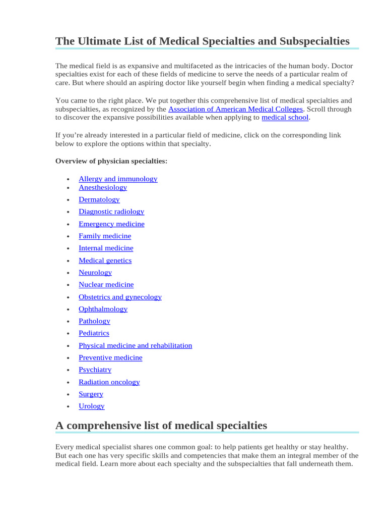 Comprehensive Medical Specialties List Pdf Neurology Urology