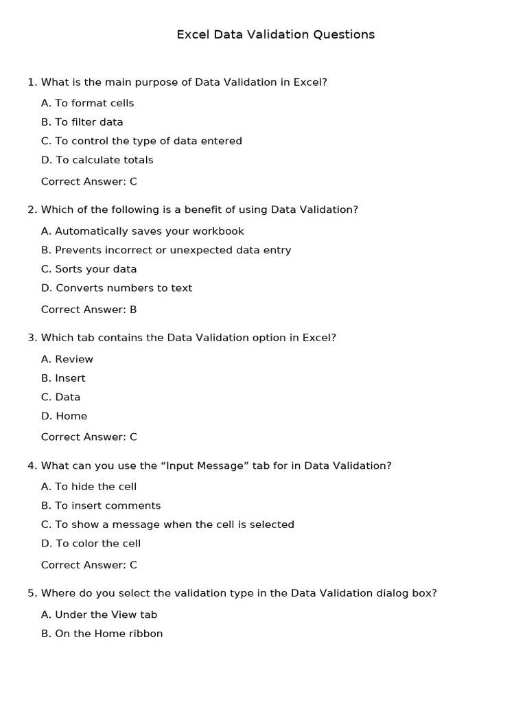Excel Data Validation Detailed Questions Pdf Microsoft Excel 7904