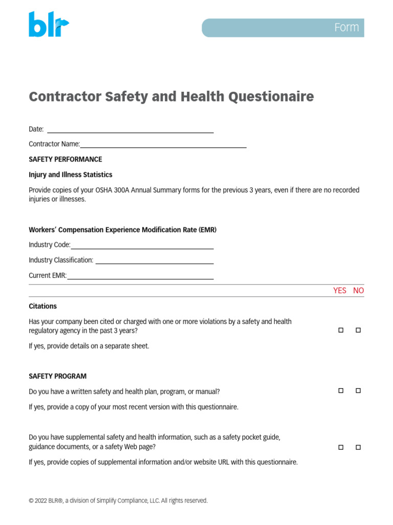 Contractor Safety and Health Questionnaire Form | PDF | Occupational ...