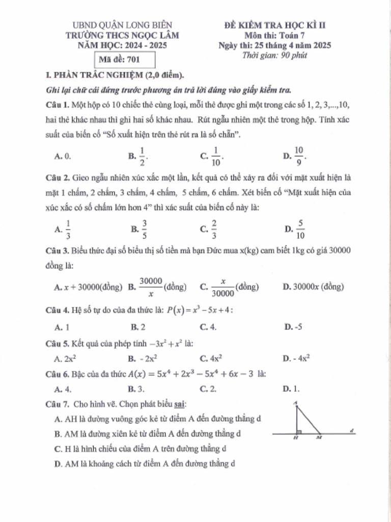 De Hoc Ki 2 Toan 7 Nam 2024 2025 Truong Thcs Ngoc Lam Ha Noi | PDF