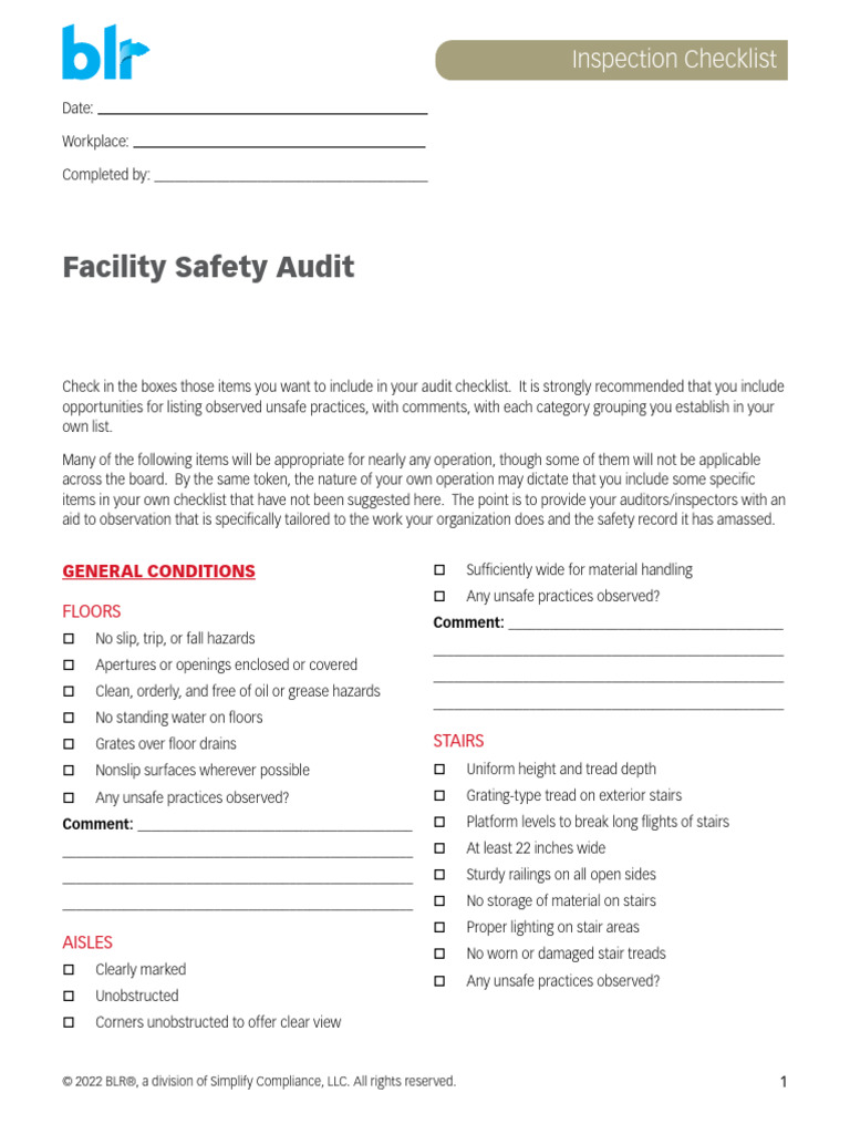 facility-safety-audit-inspection-checklist-checklist | PDF | Safety