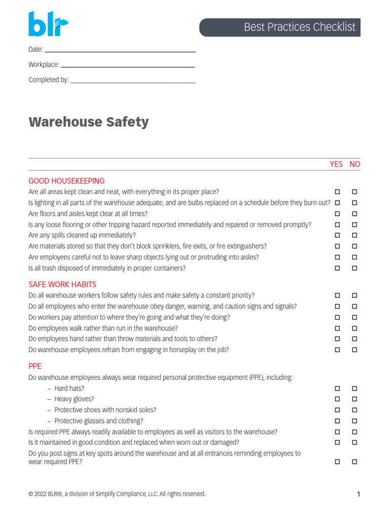 Warehouse Safety Best Practices Checklist Checklist | PDF