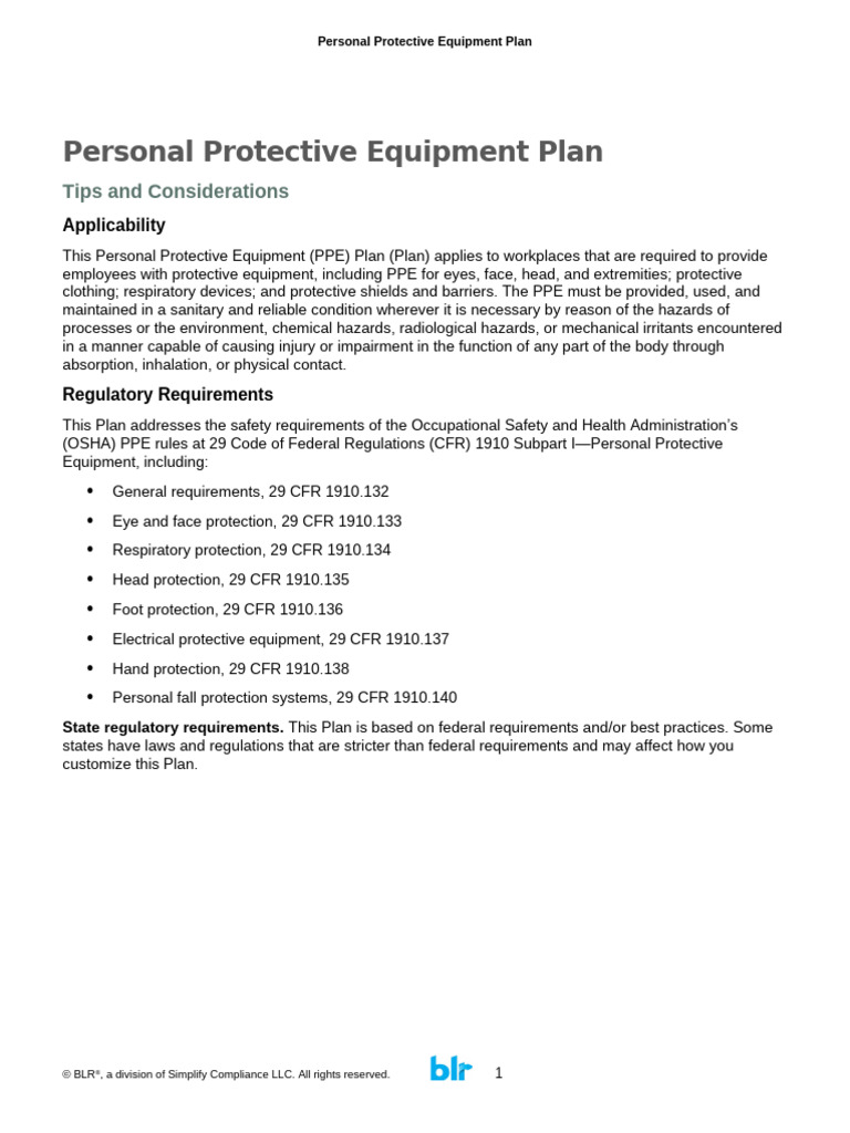 PPE Plan for Workplace Safety | PDF | Personal Protective Equipment ...