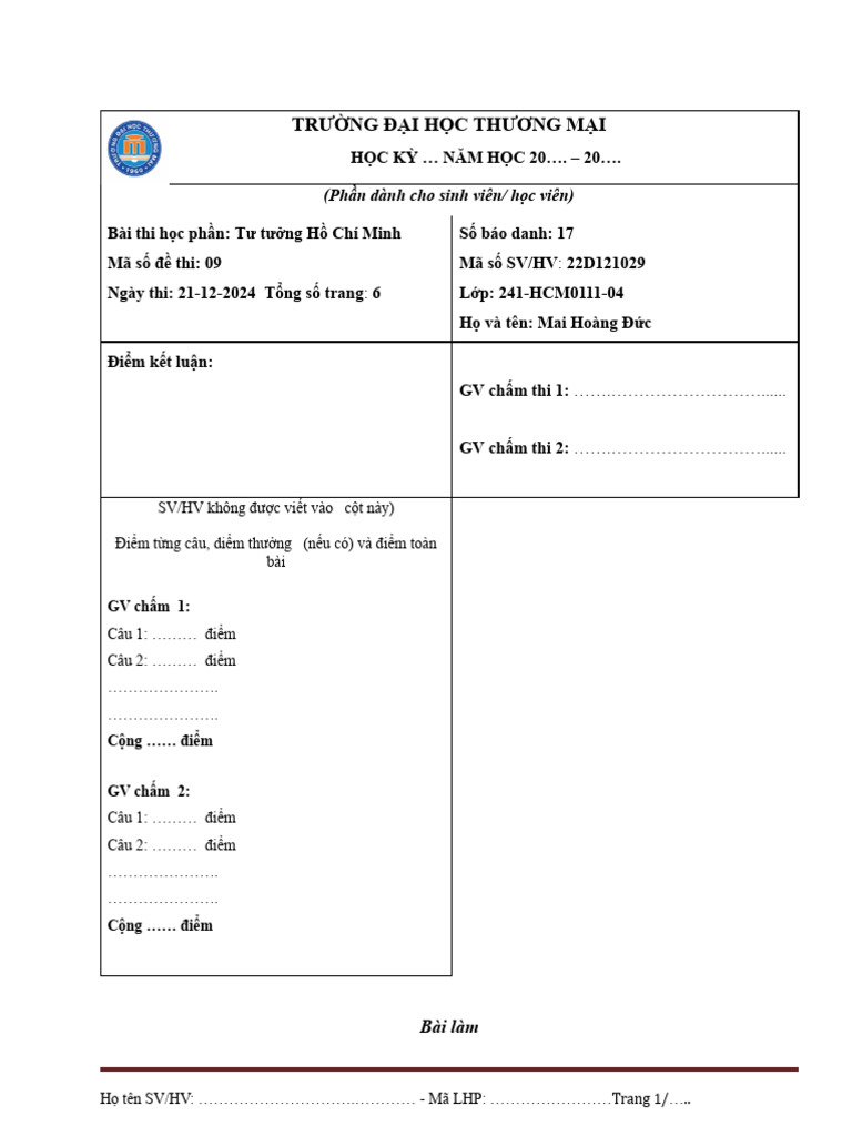 bài kiểm tra tư tưởng Hồ Chí Minh TMU 2025 | PDF