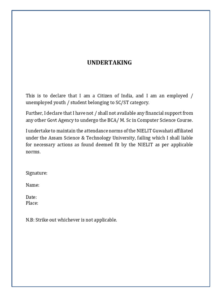 SC/ST Youth Undertaking for BCA/M.Sc Course | PDF