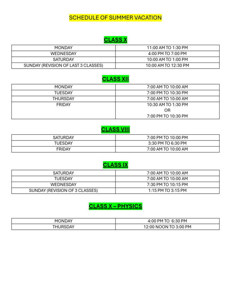 Routine For Summer Vacation | PDF