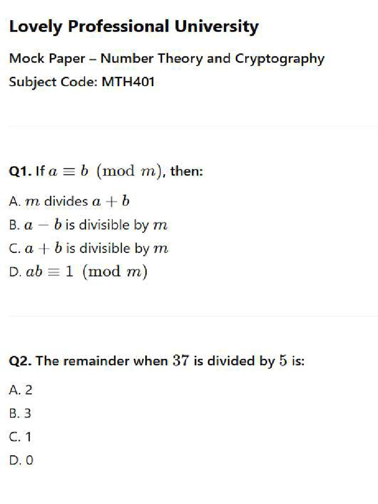 MTH401 Unit - 06 Mock Paper | PDF