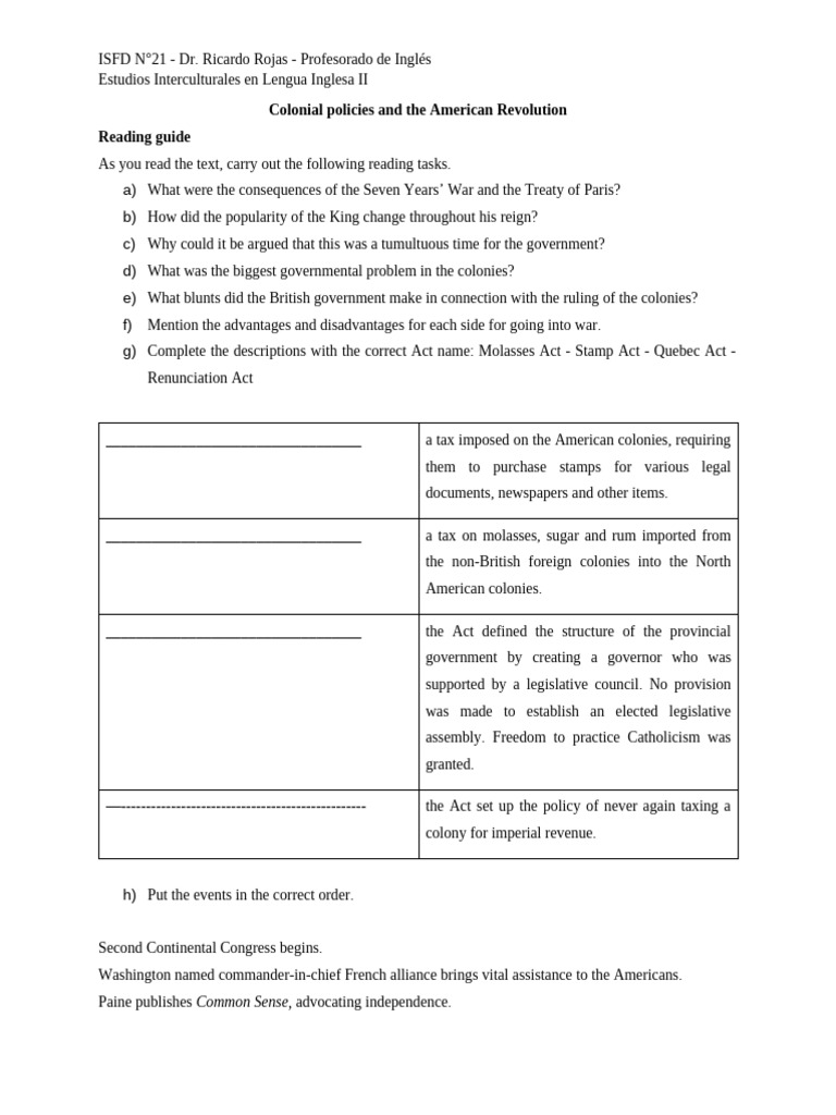 Colonial policies and the American Revolution_Worksheet | PDF ...
