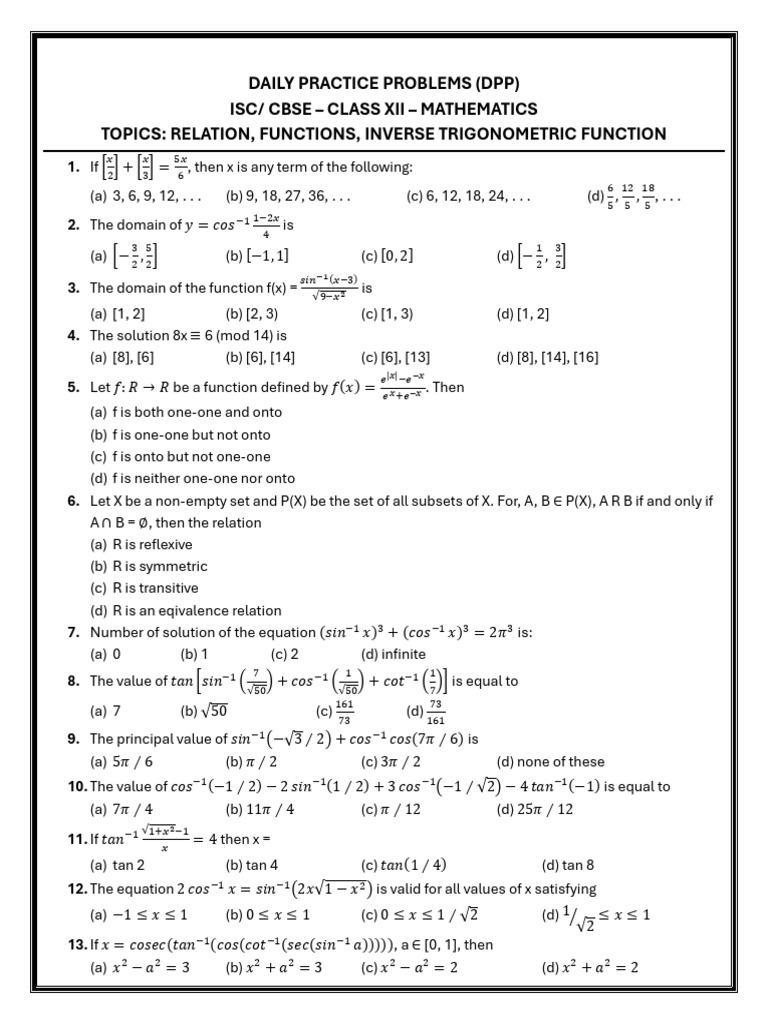 5 - Relation, Functions, Inverse Trigonometric Function Year 2025 | PDF | Function (Mathematics ...