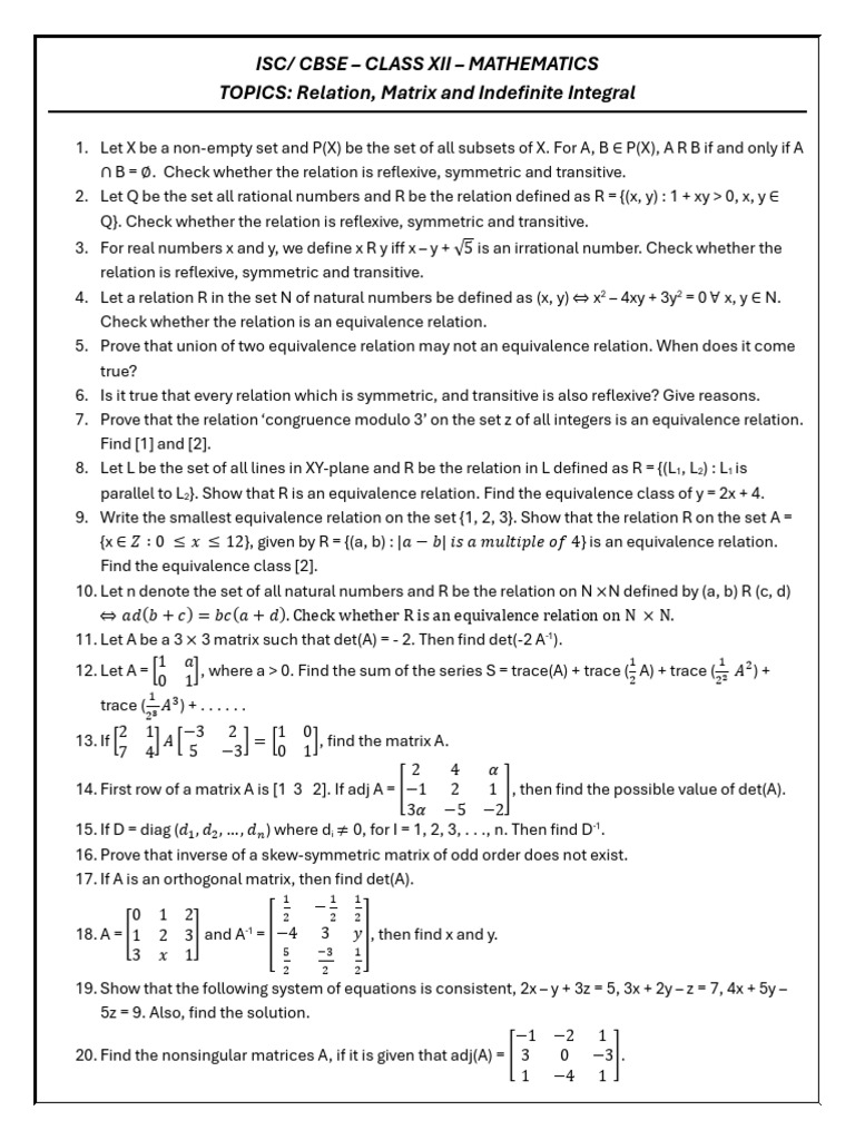 1 - Relation, Matrix and Indefinite Integral YEAR 2025 | PDF | Mathematical Objects | Mathematics