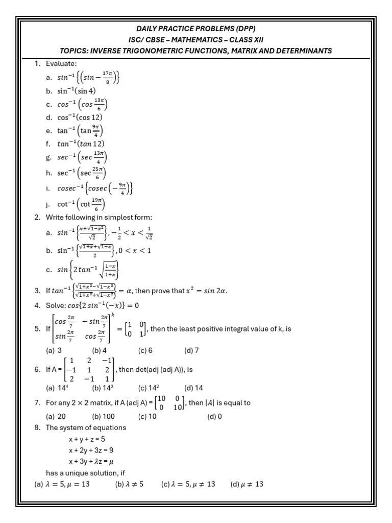 4 - Inverse Trigonometric Functions, Matrix and Determinants | PDF | Trigonometric Functions ...