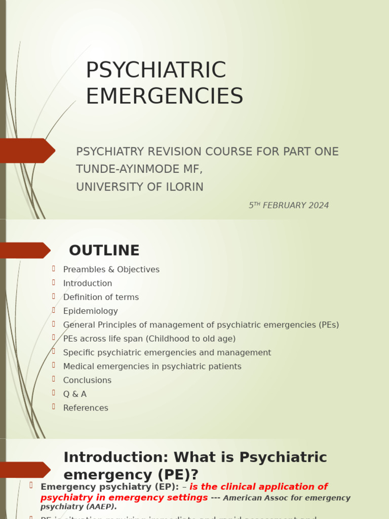 Managing Psychiatric Emergencies Guide | PDF | Self Harm | Mental Disorder