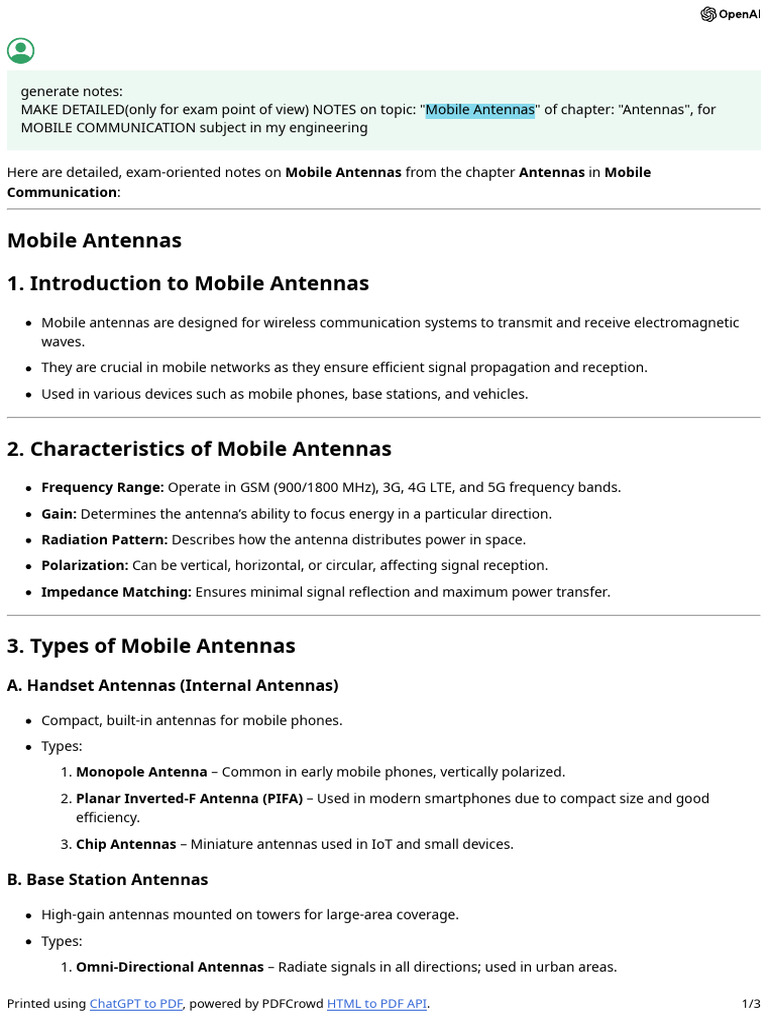 Mobile Antennas: Key Exam Notes | PDF | Antenna (Radio) | Mimo