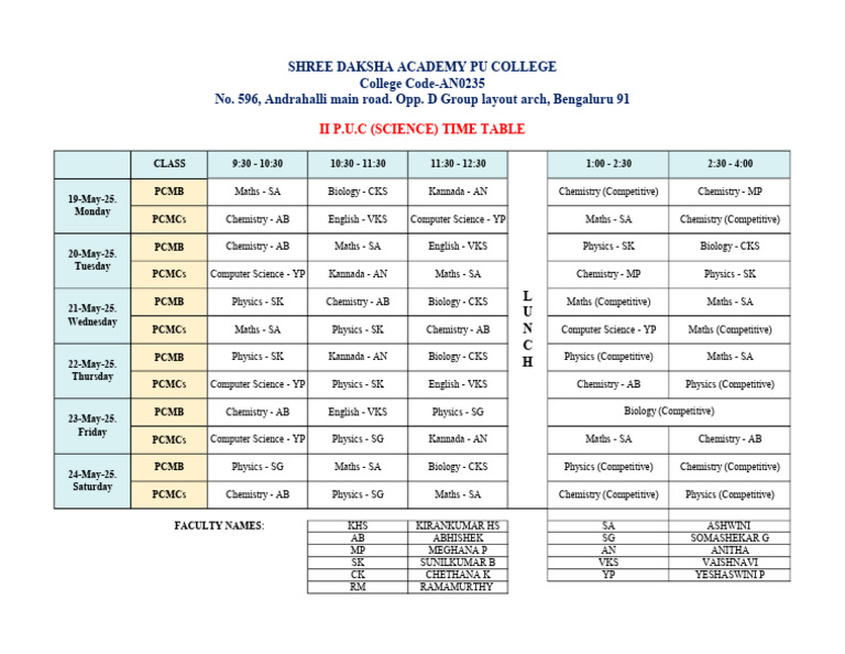 2nd Puc Science Time Table | PDF