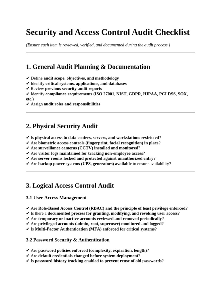 Security and Access Control Audit Checklist | PDF | Security | Computer ...