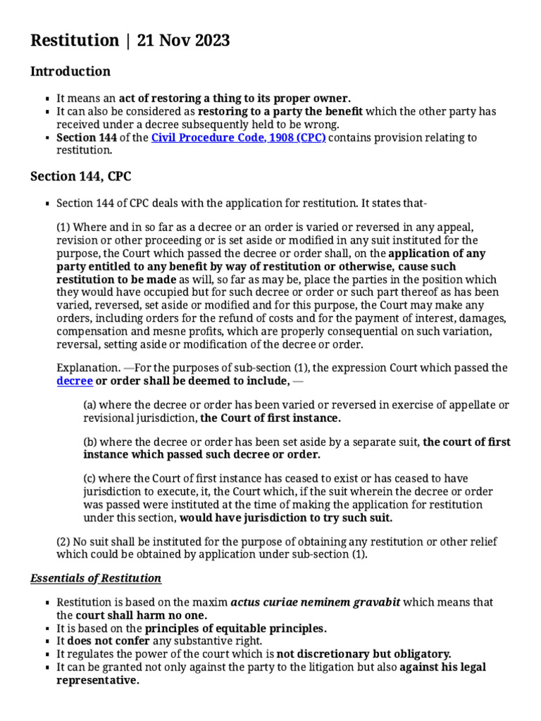 Restitution Under Section 144 CPC | PDF | Lawsuit | Appeal