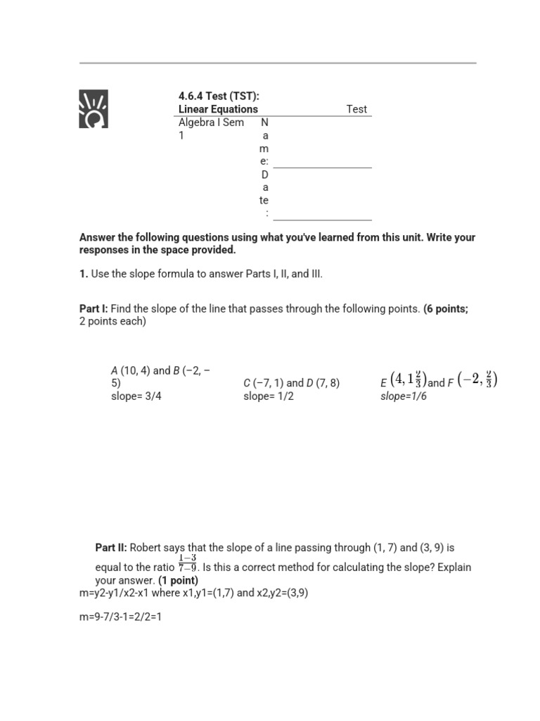 4.6.4 Test (TST) - Linear Equations (Test) | PDF | Line (Geometry ...