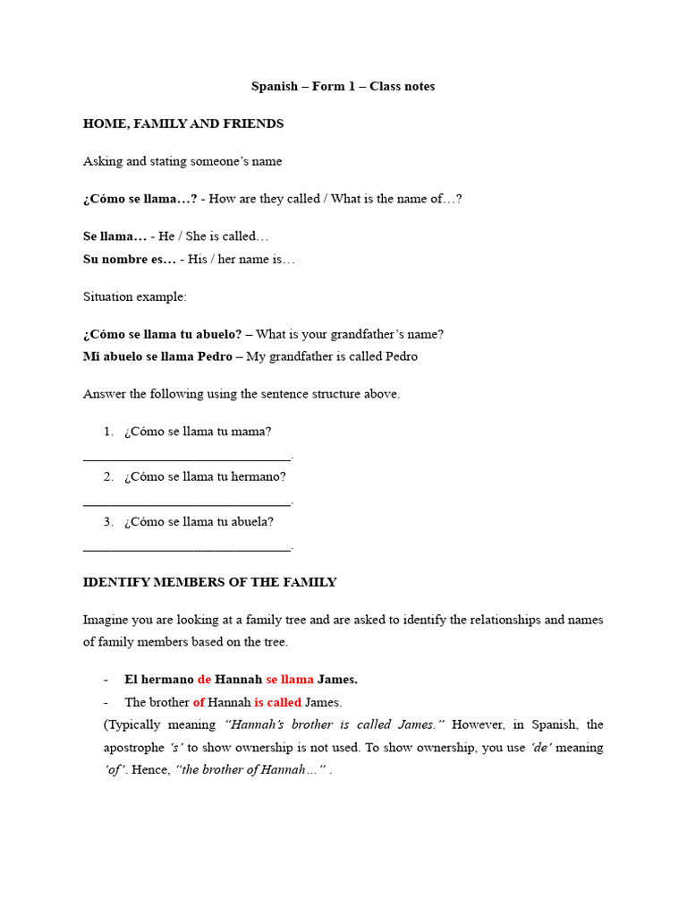 Form 1 Term 2 Spanish Notes | PDF