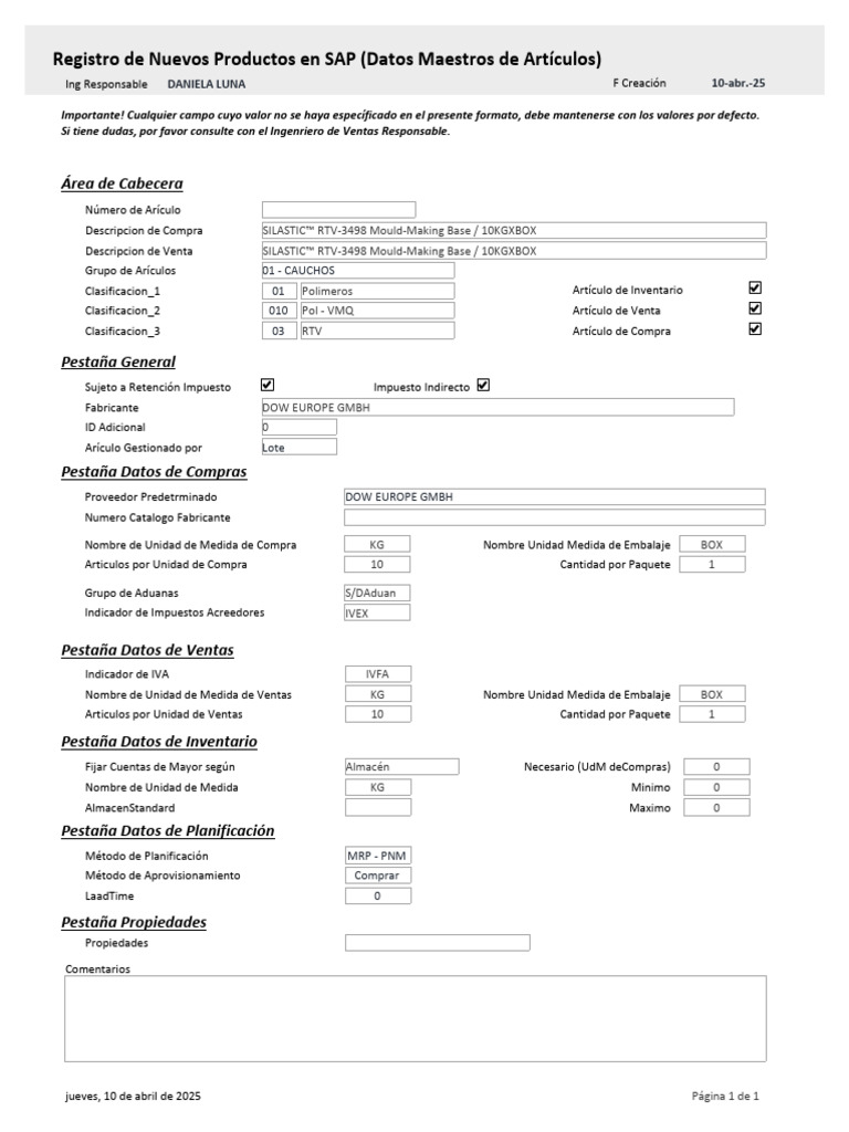 Registro de Productos en SAP: Silastic RTV-3498 | PDF
