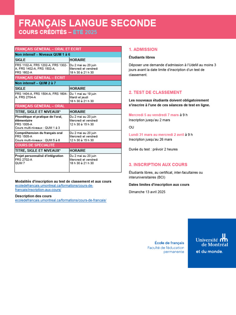 Cours de français été 2025 et automne 2025 | PDF
