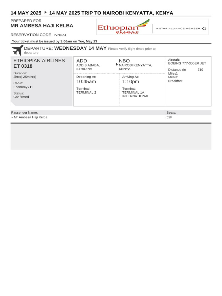 Travel Reservation May 14 For MR AMBESA HAJI KELBA | PDF