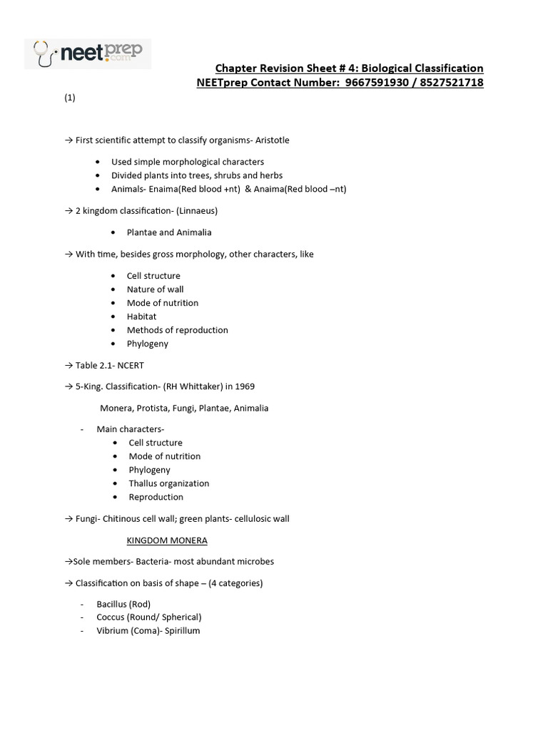 #4 - Chapter Revision Sheet (Biological Classification) | PDF | Spore ...