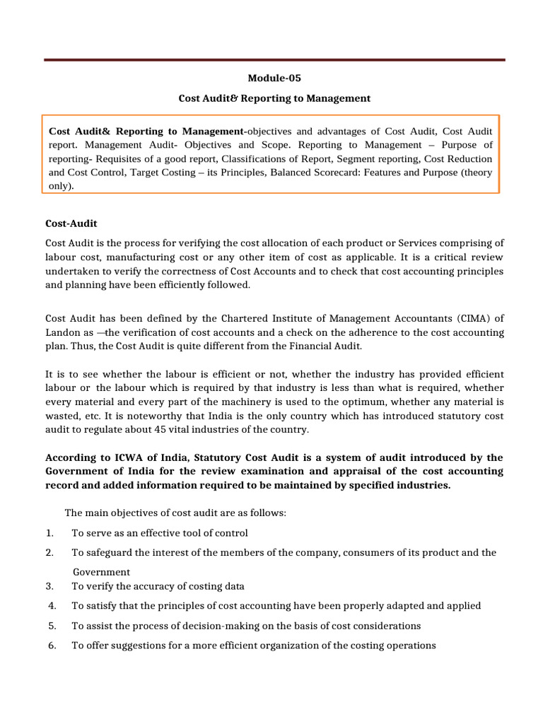Module - 05 - Cost Audit& Reporting To Management | PDF | Audit | Debt