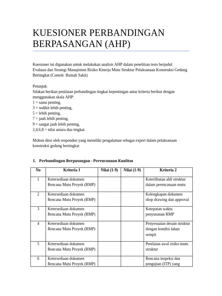 Kuesioner AHP Tesis Lengkap Ulang | PDF