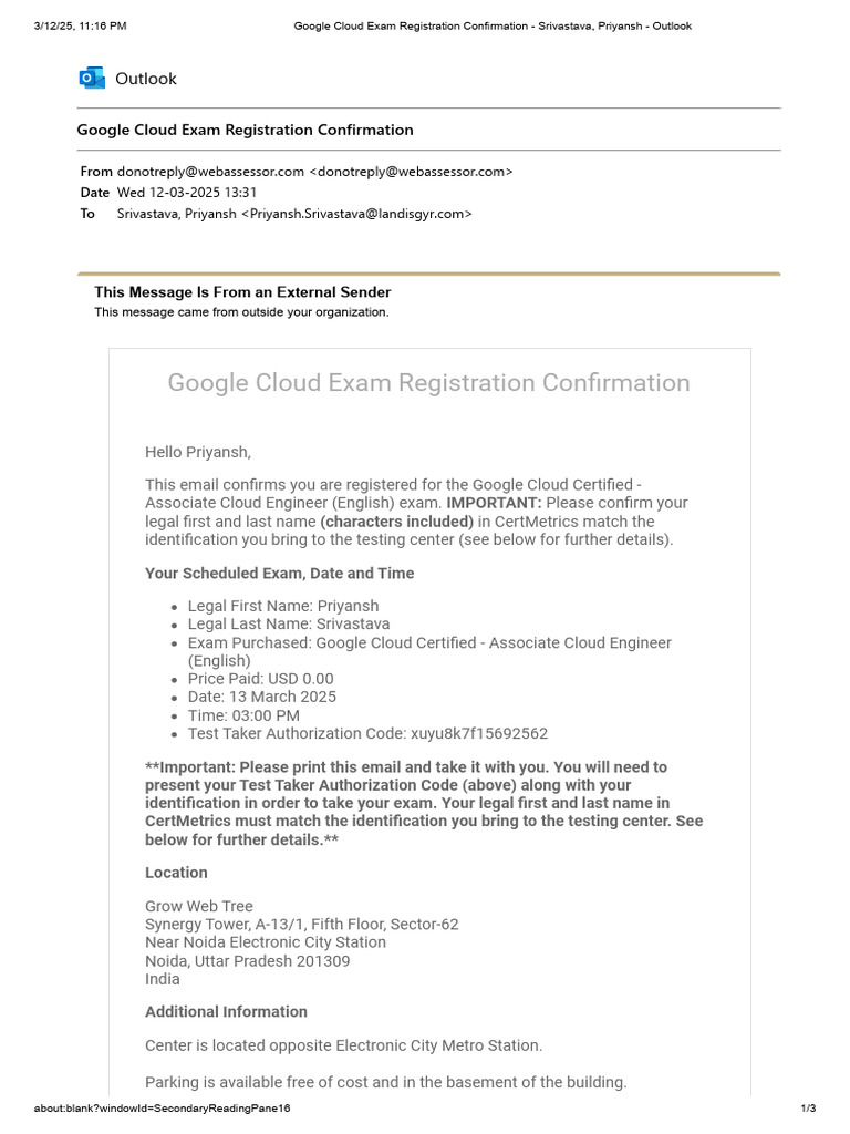 Google Cloud Exam Registration Confirmation - Srivastava, Priyansh ...