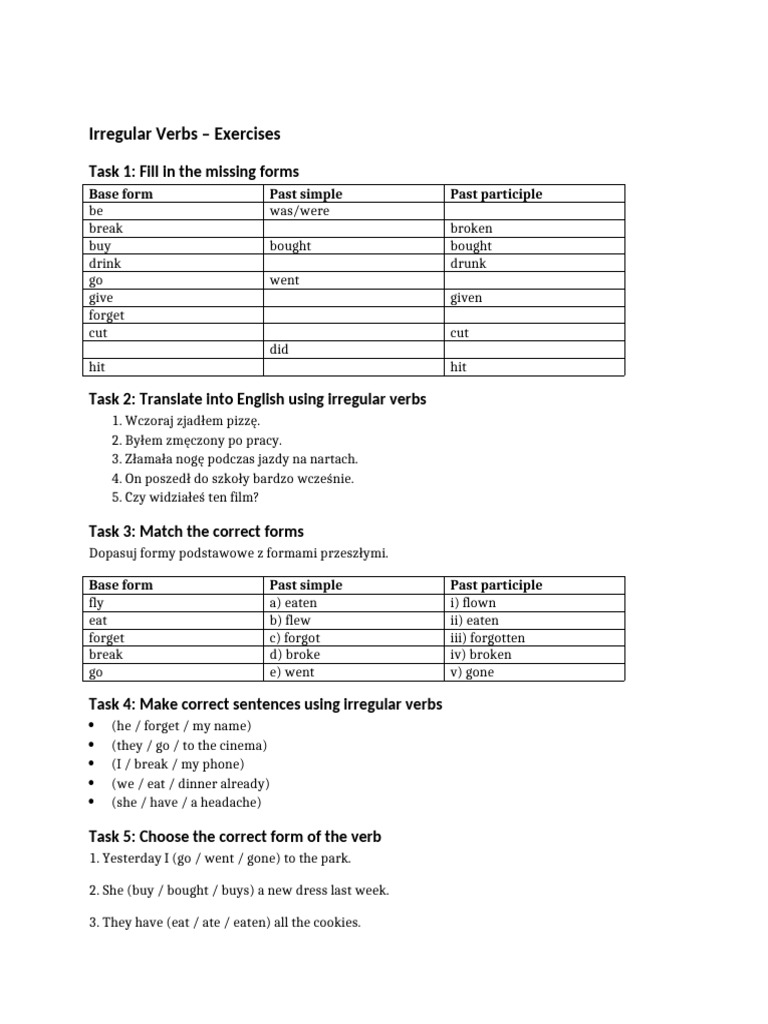 Irregular Verbs Exercises | PDF