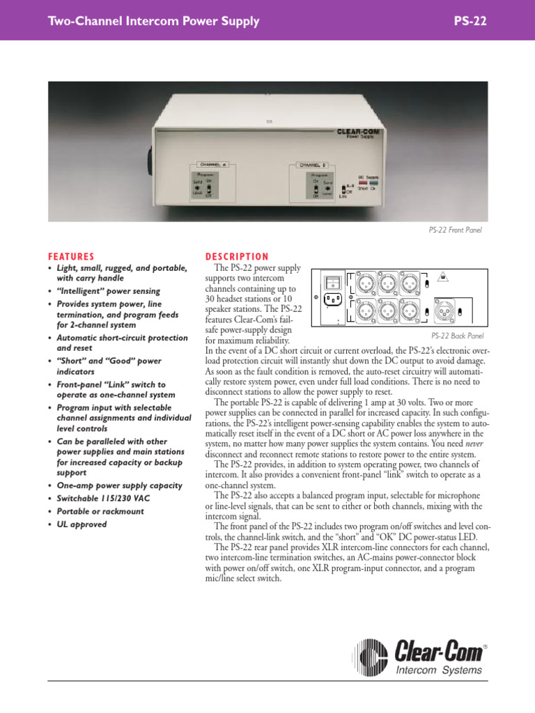 Clear Com Ps 22 Two Channel Power Supply Program Input | PDF | Power ...