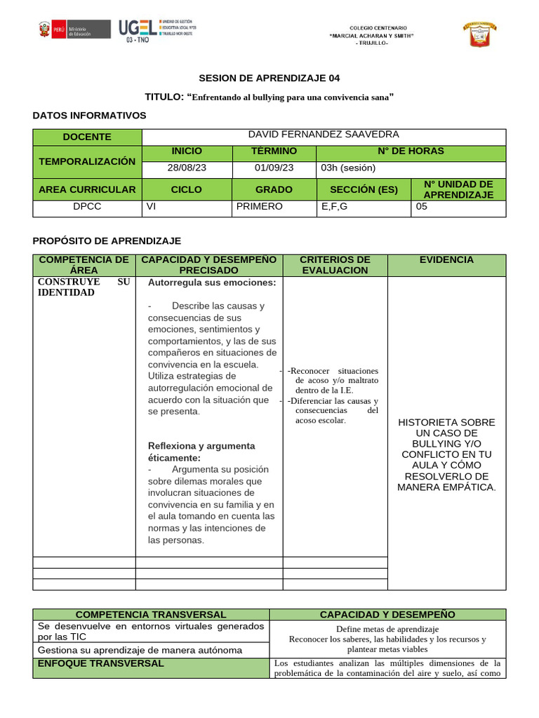 Sesion 04 Unidad 05 DPCC 1ero Secundaria 2023 | PDF | Las emociones | Aprendizaje