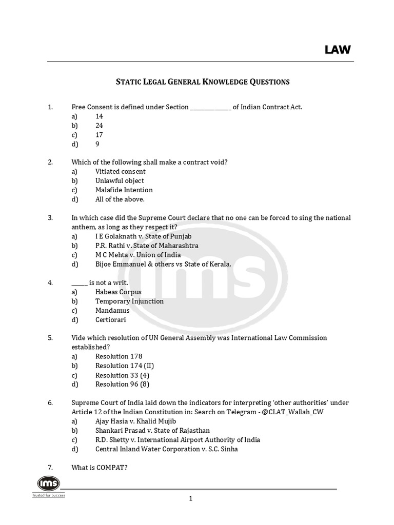 IMS Static Legal GK Questions | PDF | Supreme Court Of India | Supreme ...