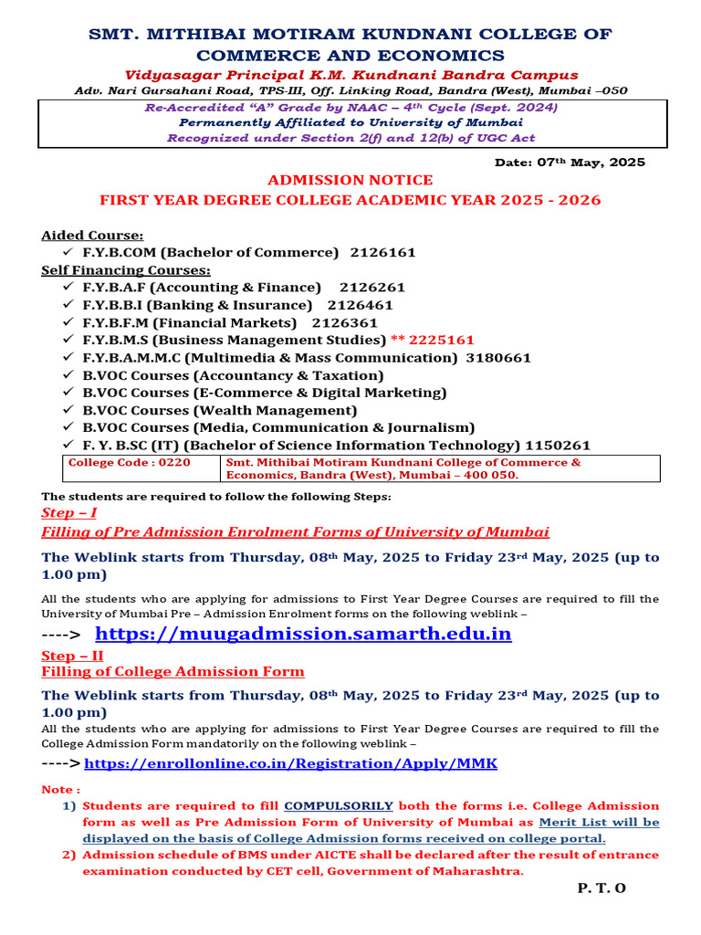 Mithibai College Admission Notice 2025 | PDF