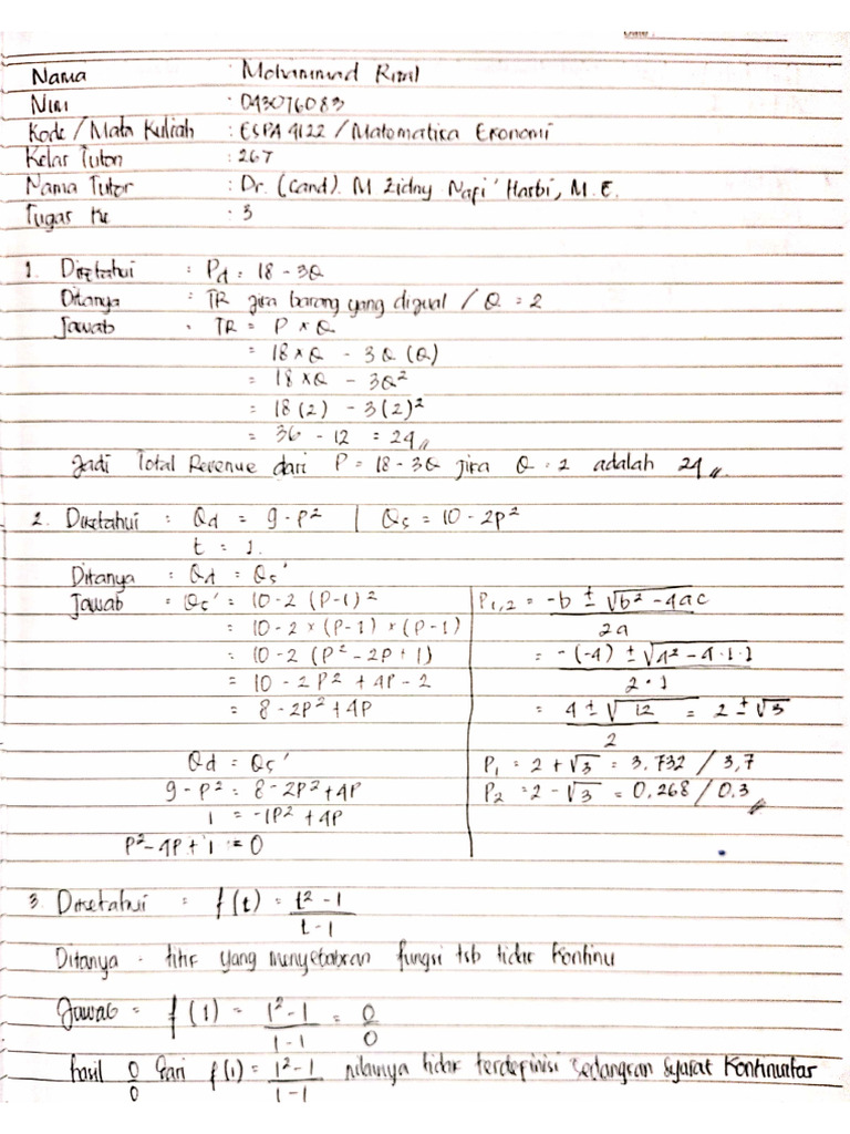 Tugas 3 Matematika Ekonomi - Mohammad Rizal | PDF