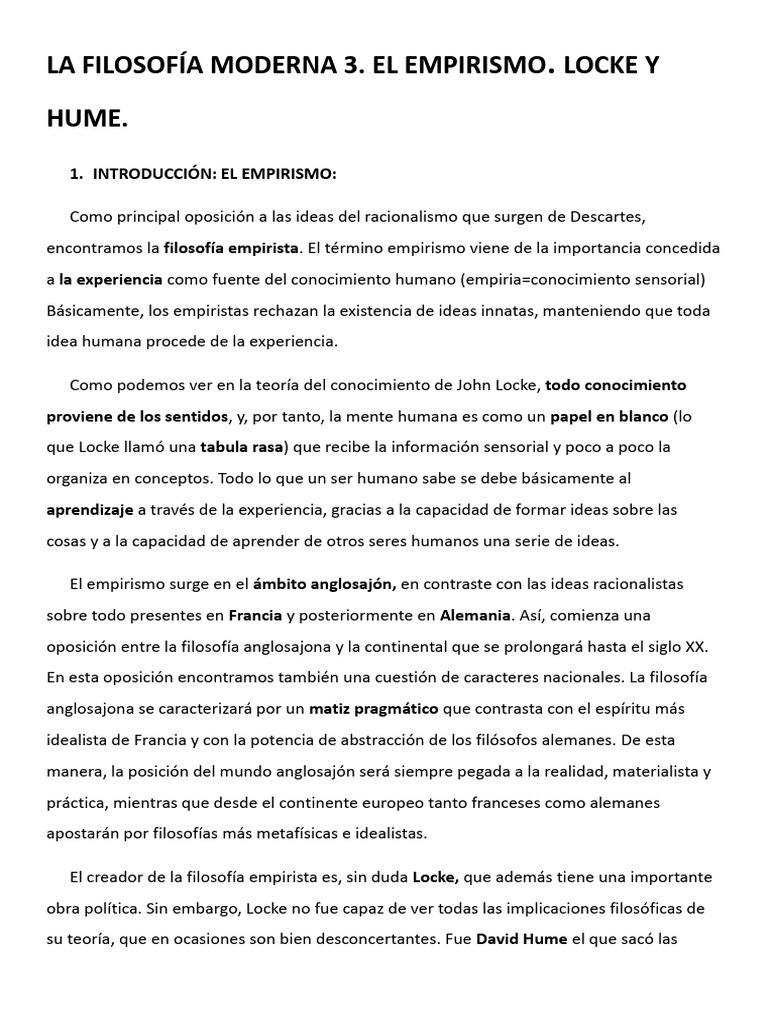 El Empirismo. Locke y Hume | PDF | Empirismo | David Hume